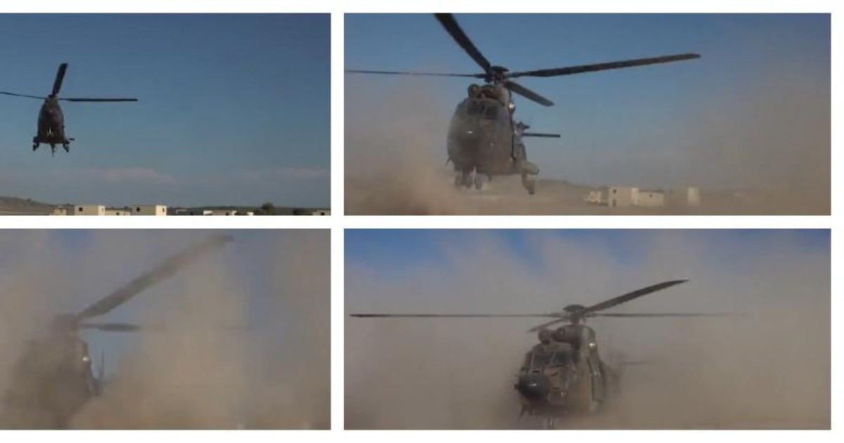 Helicópteros del Ejército de Tierra entre remolinos de polvo y arena